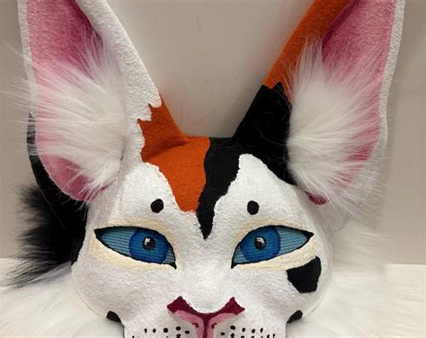 Hq Blue Eyed White Calico Therian Cat Mask Lined And Padded With