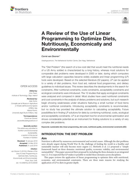 Pdf A Review Of The Use Of Linear Programming To Optimize Diets Nutritiously Economically