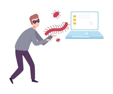 Masked Hacker Stealing Privacy Data From Laptop Using Virus And Bugs