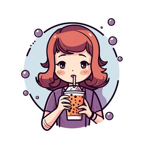 Premium Photo Cartoon Girl Drinking Bubble Tea With Bubble Bubbles Around Her Generative Ai