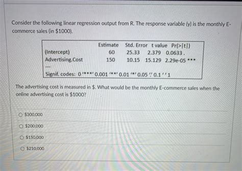 solved consider the following linear regression output from