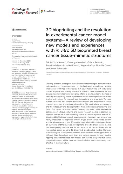Pdf 3d Bioprinting And The Revolution In Experimental Cancer Model