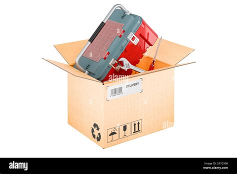 toolbox inside cardboard box delivery concept 3d rendering isolated