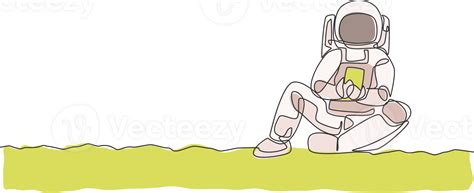 One Continuous Line Drawing Of Young Spaceman On Spacesuit Siting Relax On Moon Surface While