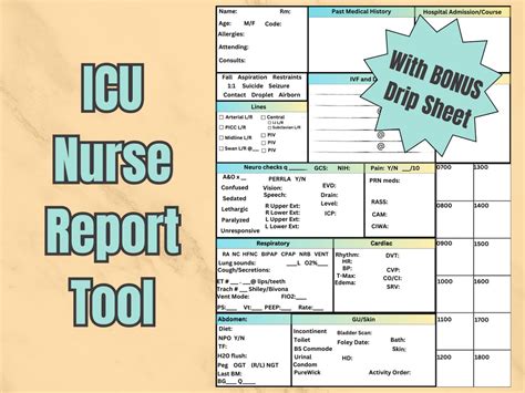Icu Nurse Report Sheet Icu Brain Sheet Report Tool Detailed Organized Hourly Rounding Icu Notes