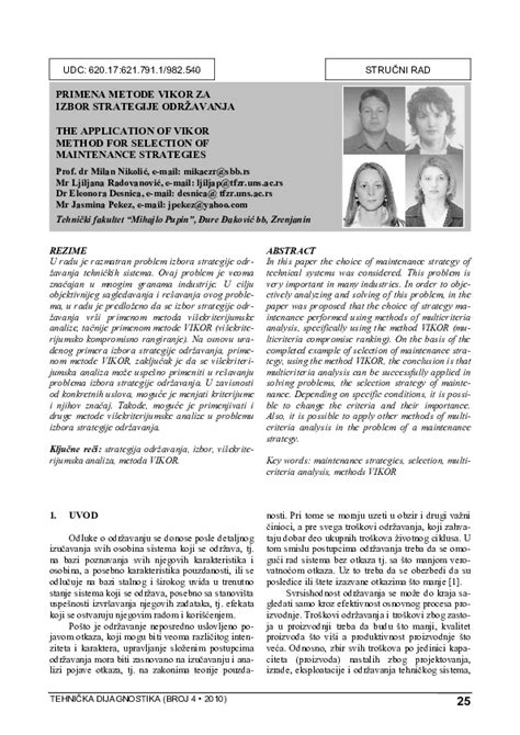Pdf The Application Of Vikor Method For Selection Of Maintenance Strategies Jasmina Pekez