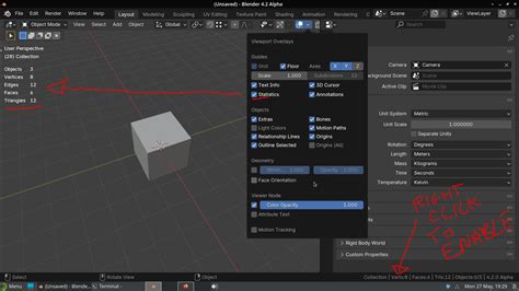 where are the statistics info at the lower right in blender 4 1