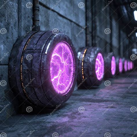 Glowing Purple Plasma Orbs In A Dark Industrial Setting Stock