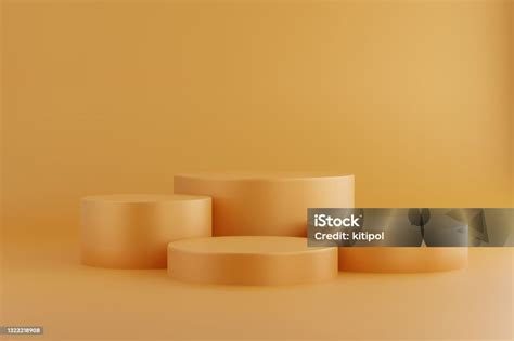 제품 디스플레이를 위한 빈 웰로우 스탠드 스텝 디자인의 3d 렌더링 3 실린더 추상적 미니멀 컨셉 빈 공간 심플한 클린 디자인