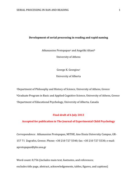 Pdf Development Of Serial Processing In Reading And Rapid Naming