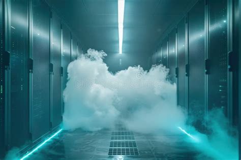 Server In Datacenter Hallway Of Cloud Computing Data Storage Stock