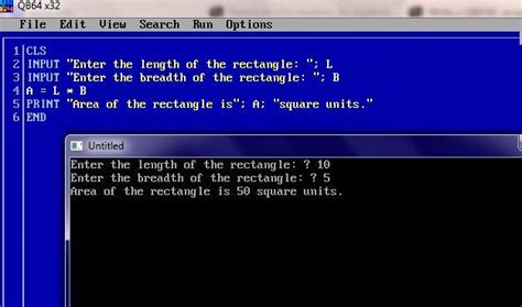 Write a QBASIC program to find the area of rectangle - Brainly.in
