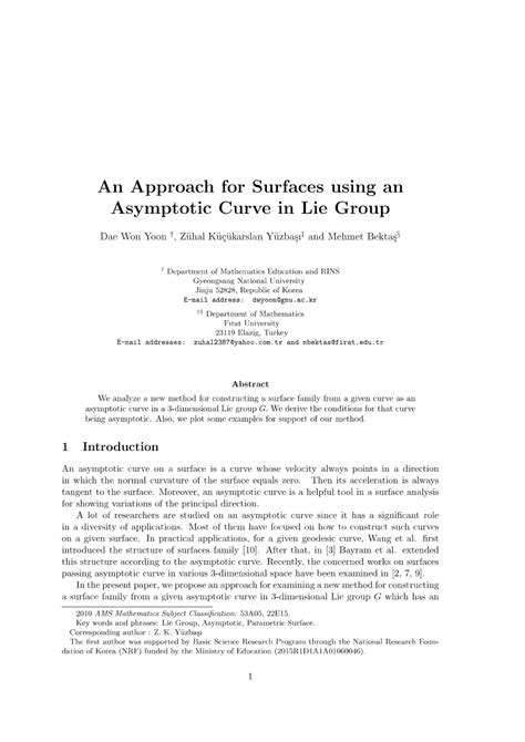 Pdf An Approach For Surfaces Using An Asymptotic Curve In Lie Group