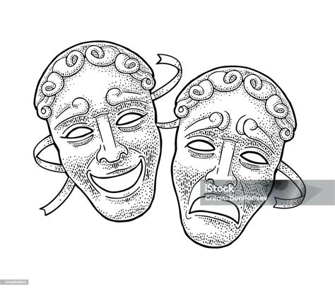 코미디와 비극 극장 마스크 벡터 인그레이빙 빈티지 블랙 일러스트 일러스트레이션에 대한 스톡 벡터 아트 및 기타 이미지 일러스트레이션 Theatrical
