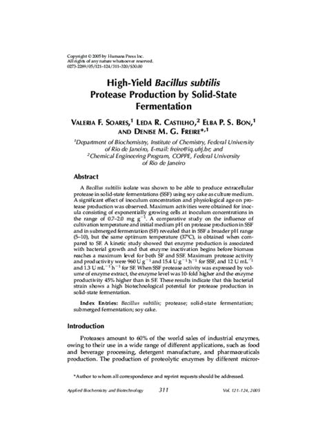 Pdf High Yield Bacillus Subtilis Protease Production By Solid State Fermentation