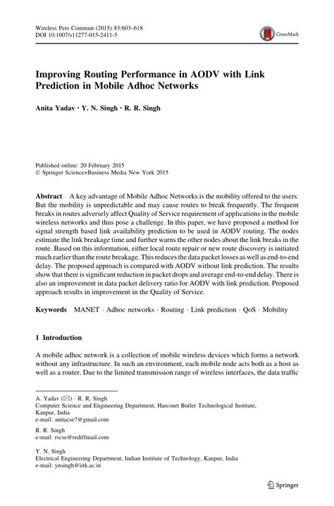 pdf improving routing performance in aodv with link prediction in