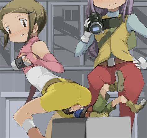 00s 1boy 2girls Ass Blush Brown Eyes Brown Hair Camera Digimon Digimon