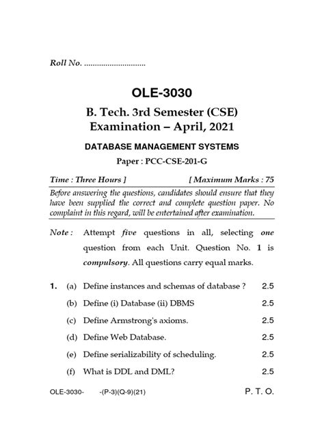 2021 Btech 3rd Semester Cse Database Management Systems Pdf