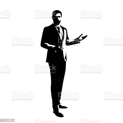 실업가 아이디어 고립 된 벡터 실루엣을 제시 하 고 서 잉크 그리기 Od 남자 양복에 추상화 합니다 기업 들 전면 보기 컷아웃에 대한 스톡 벡터 아트 및 기타 이미지