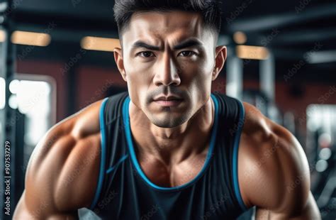 Muscular Asian Man Showing Off His Strong Physique In Gym Sport