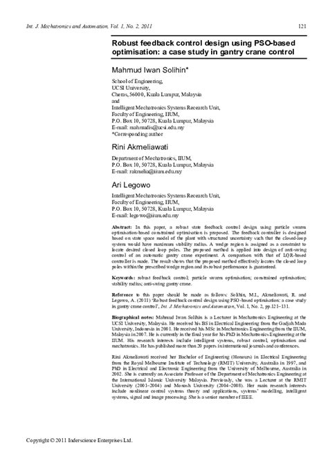 Pdf Robust Feedback Control Design Using Pso Based Optimisation A