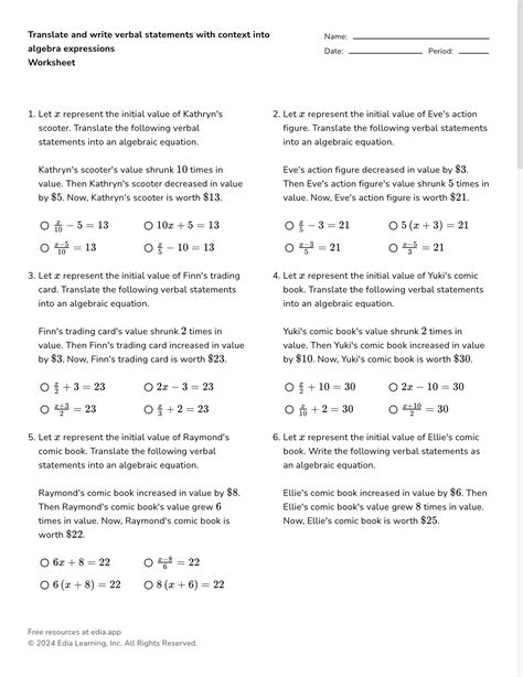 translate and write verbal statements with context into algebra