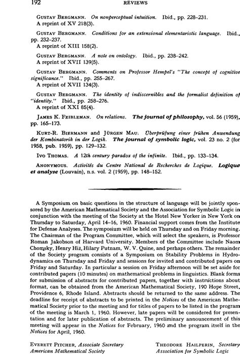 Notice Of A Symposium On Problems In The Structure Of Language The Journal Of Symbolic Logic