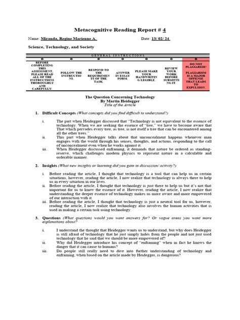 Metacognitive Reading Report Miranda Pdf Cognition Cognitive Science