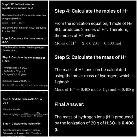Calculate The Mass Of Hydrogen Ions H Produced By The Ionization Of 20g Of H2so4 24h₂so 2h