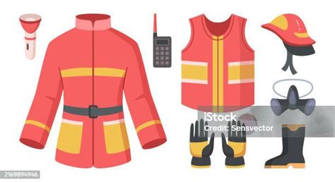 소방관의 장비 및 유니폼 벡터 절연 플랫 아이콘 워키 토키 및 보호를위한 마스크 세트 조끼와 양복 헬멧과 부츠 비상 시 소방관을 위한 장갑과 손전등 개체 그룹에 대한 스톡