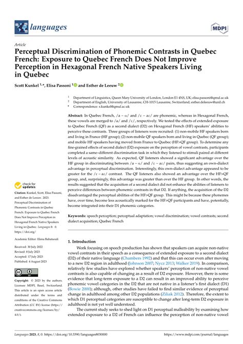 Pdf Perceptual Discrimination Of Phonemic Contrasts In Quebec French Exposure To Quebec