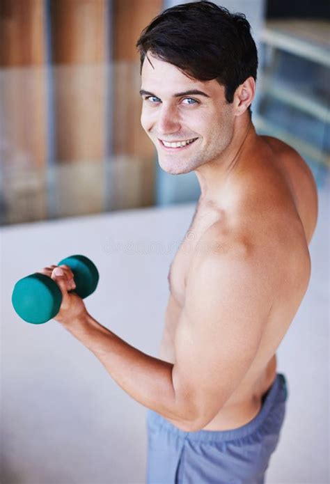 Man Portrait And Dumbbell For Weightlifting Fitness And Muscle Training For Body And Self Care