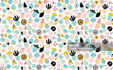 추상 과일 완벽 한 패턴입니다 현대 컷아웃 인물 열대 그림 손으로 그린 과일 딸기로 현대적인 프린트를 콜라주 그래픽 패턴 사과