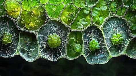 Magnified View Of A Microscopic Sample Of Plant Cells With Detailed Chloroplasts And Cell Walls