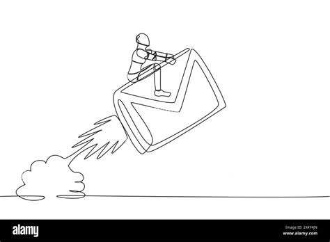 Single One Line Drawing Robot Riding Paper Envelope Rocket Flying In