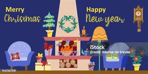 귀여운 새해 인테리어가 있는 아늑한 크리스마스 카드 벽난로와 안락의자 크리스마스 트리 선물 베개 양초가 있는 객실입니다 평면 만화 스타일의 그림 가로 배너 구성 0명에 대한