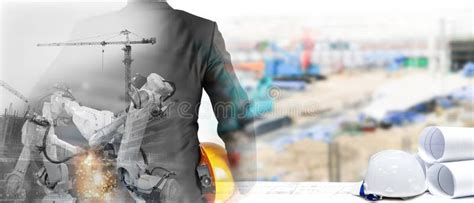 Double Exposure Concept Industrial Engineer Robot Working Control Stock