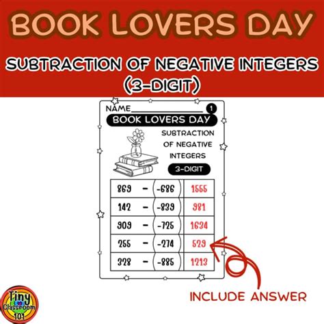 Book Lovers Day Math Subtraction 3 Digit Negative Integers Practice Worksheets
