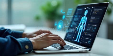 Person Uses Laptop With Ai Virtual Assistant Interface Hands Type On Keyboard Human Interacts