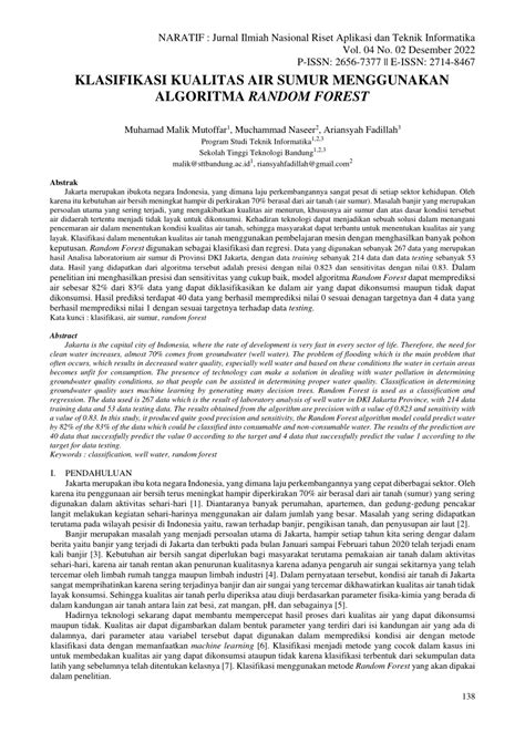 Pdf Klasifikasi Kualitas Air Sumur Menggunakan Algoritma Random Forest