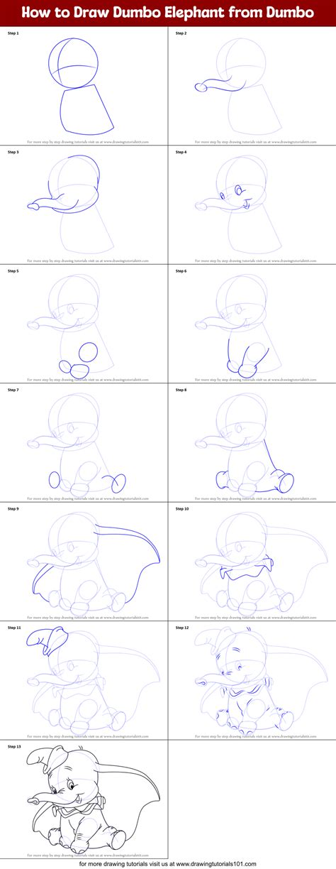 How To Draw Dumbo Elephant From Dumbo Printable Step By