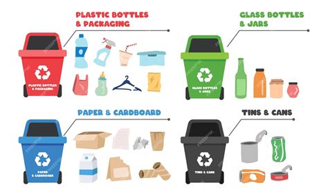 재활용 쓰레기통 및 쓰레기 클립 아트의 종류 쓰레기 항목 벡터와 쓰레기통입니다 쓰레기 분류 프리미엄 벡터