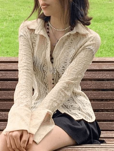 Lace Up Button See Through Shirts Omcne
