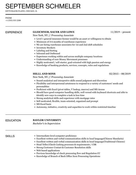 Processing Associate Resume Samples Velvet Jobs