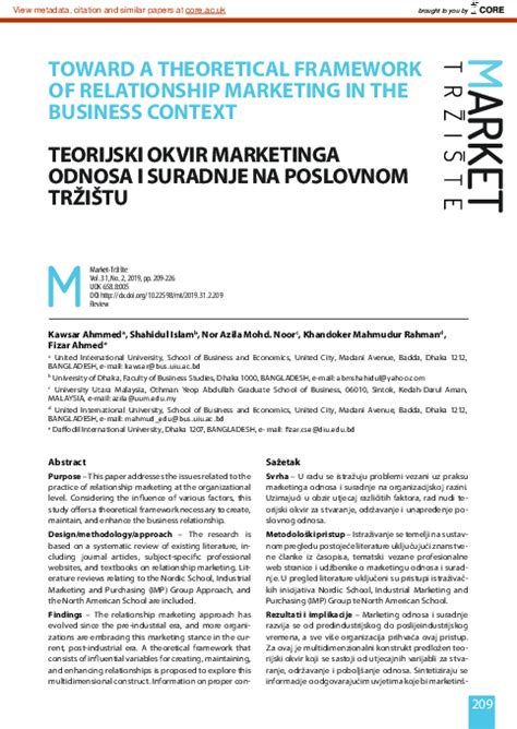 Pdf Toward A Theoretical Framework Of Relationship Marketing In The Business Context