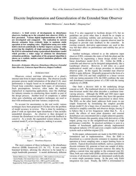Pdf Discrete Implementation And Generalization Of The Extended State Observer