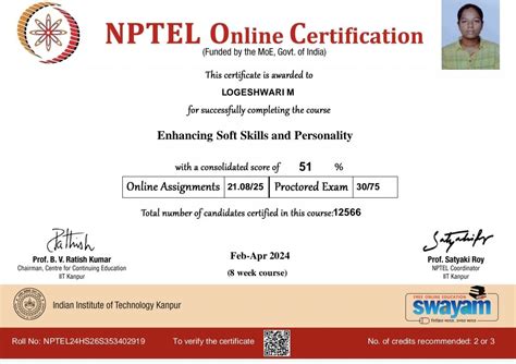 Successfully Completed The Nptel Course On Enhancing Soft Skills And… Logeshwari Murugesan