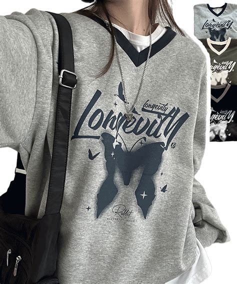 유니크기모 배색 브이넥 프린팅 맨투맨 에이블리