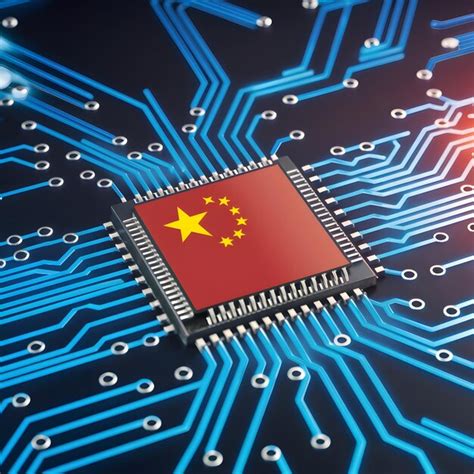 Microchip With Chinese Flag Blue Circuitry Lines On Dark Background For
