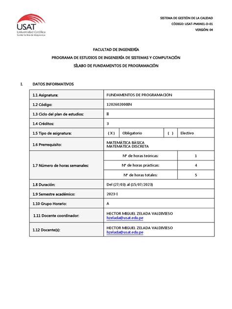 Silabo 2023 I Fundamentos De ProgramaciÓn A Pdf Java Lenguaje De